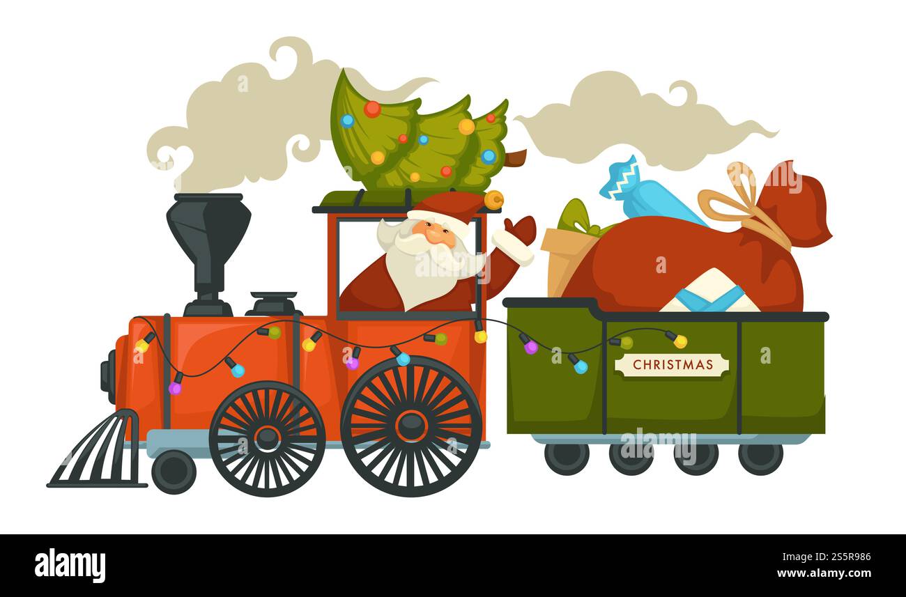 Christmas holiday preparation Santa Claus with evergreen tree riding ...