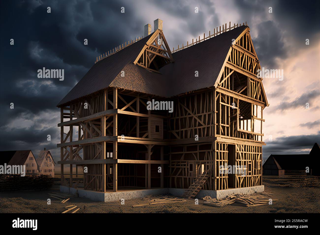 New wooden residential construction home framing against a blue sky ...