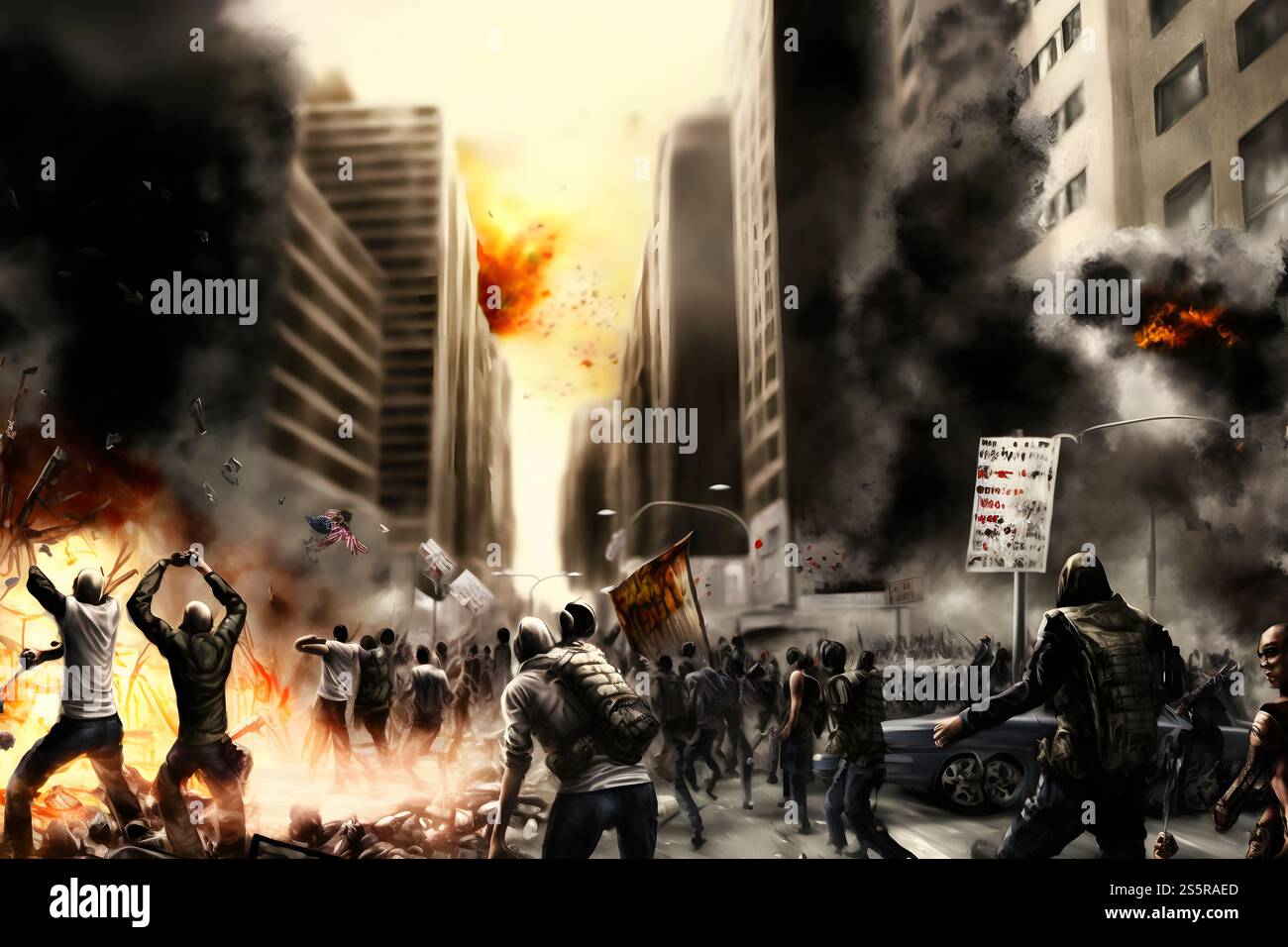 Concept art of riots Streets on fire, silhouettes of angry people ...