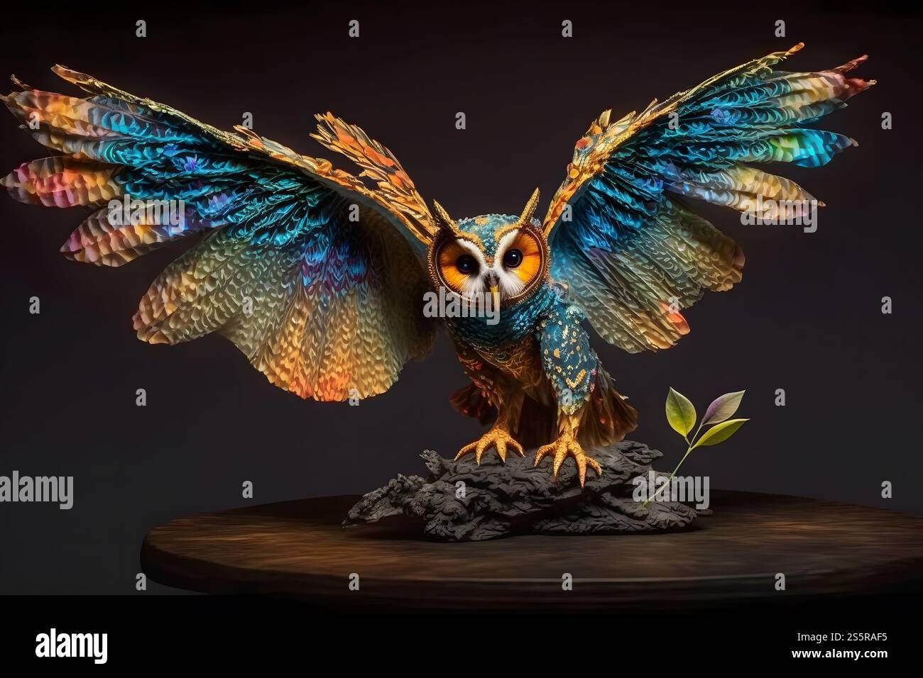 European eagle owl with big wings in multicolor epic style. Neural ...