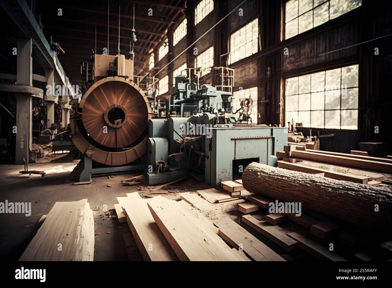 Woodworking sawmill production and processing of wooden boards in a ...