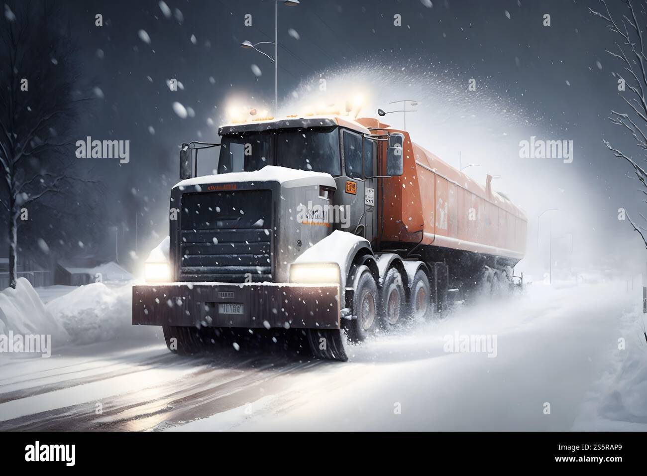 Snow plow truck cleaning snowy road in snowstorm. Snowfall on the ...
