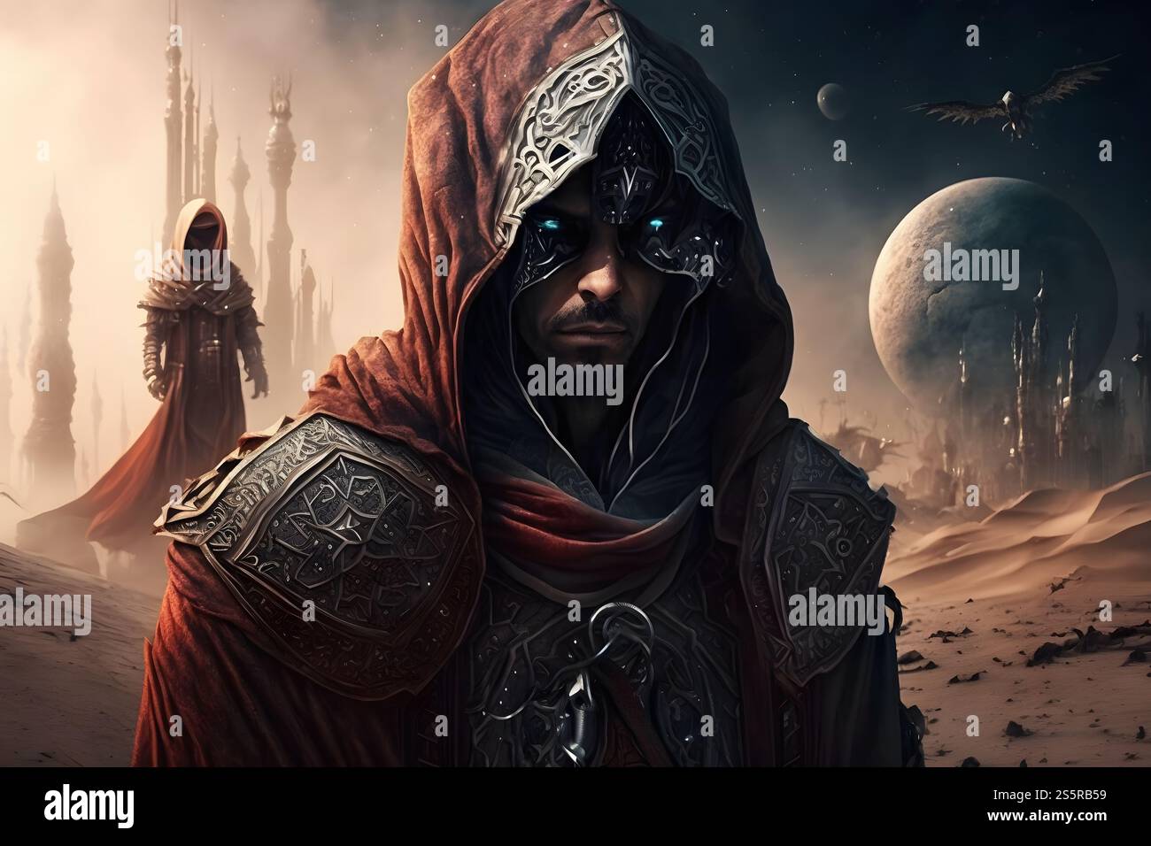 Arabic warrior assassin portrait against a dark background. Neural ...