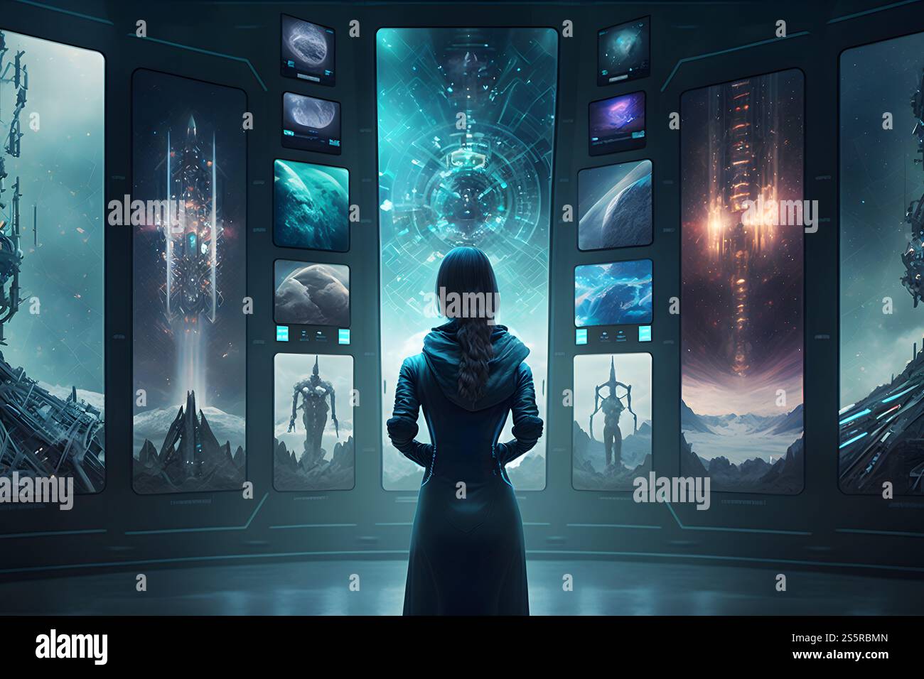 Futuristic girl astronaut on a spaceship looks into the monitors of a ...