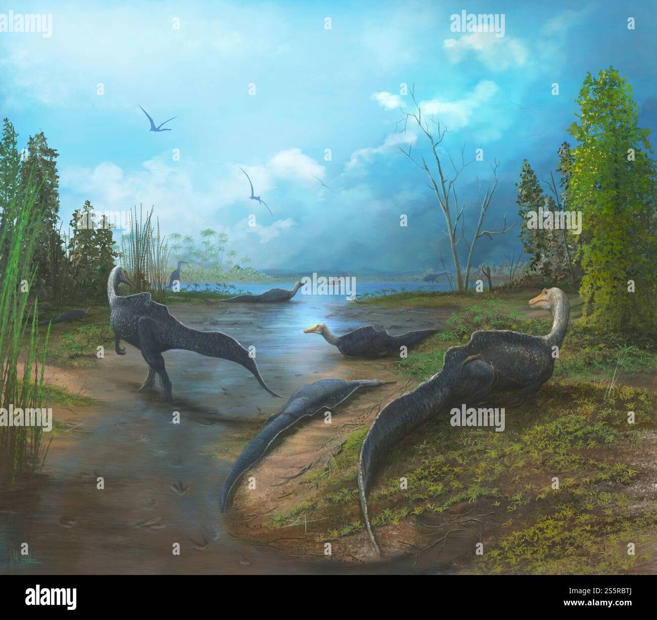 Illustration of a group of Ichthyovenator dinosaurs. Ichthyovenator was ...