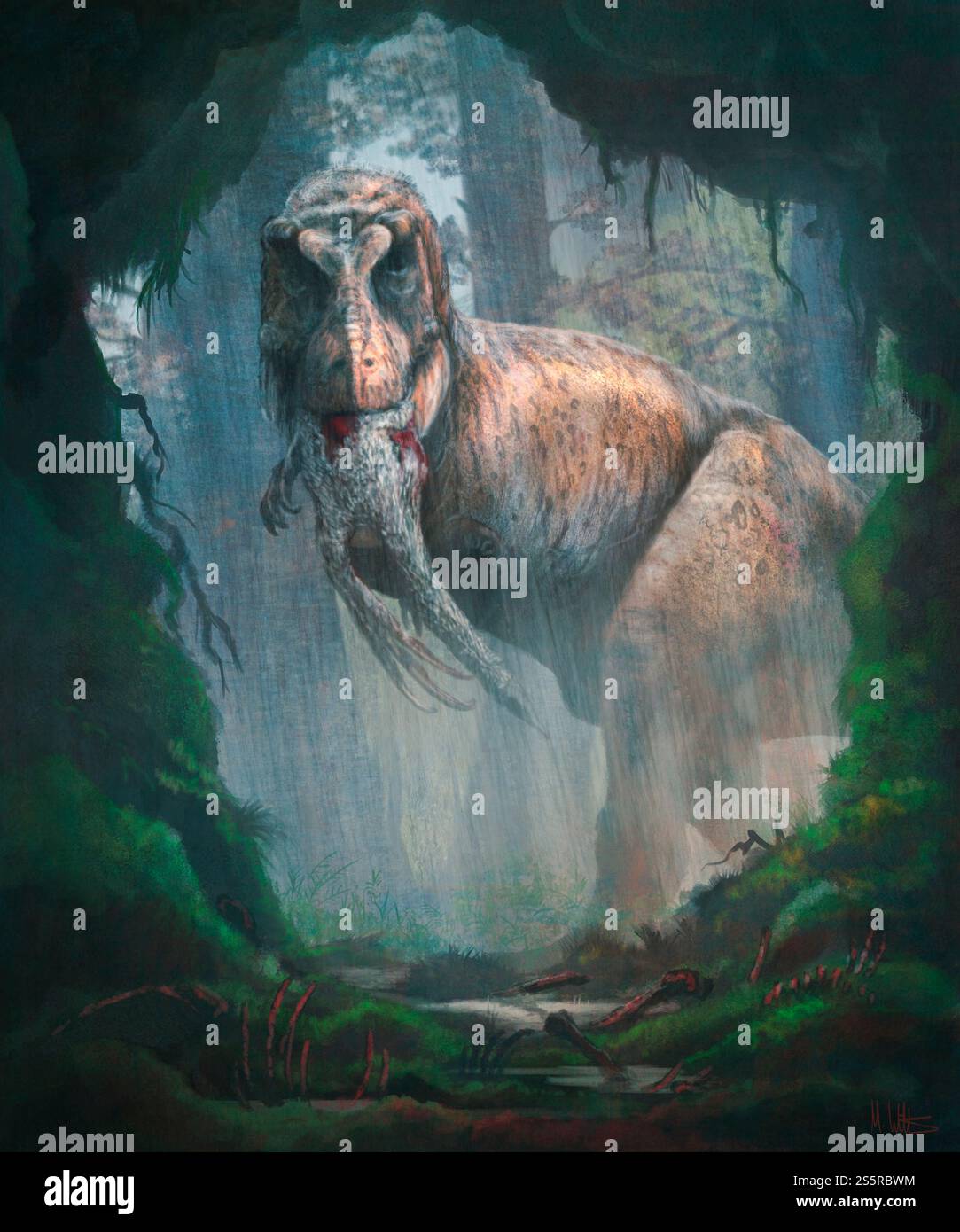 Illustration of a Tarbosaurus sp. dinosaur eating a Therizinosaurus sp ...