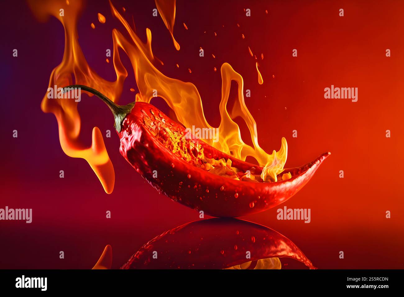 Fresh red chilli pepper in fire as a symbol of burning feeling of spicy ...