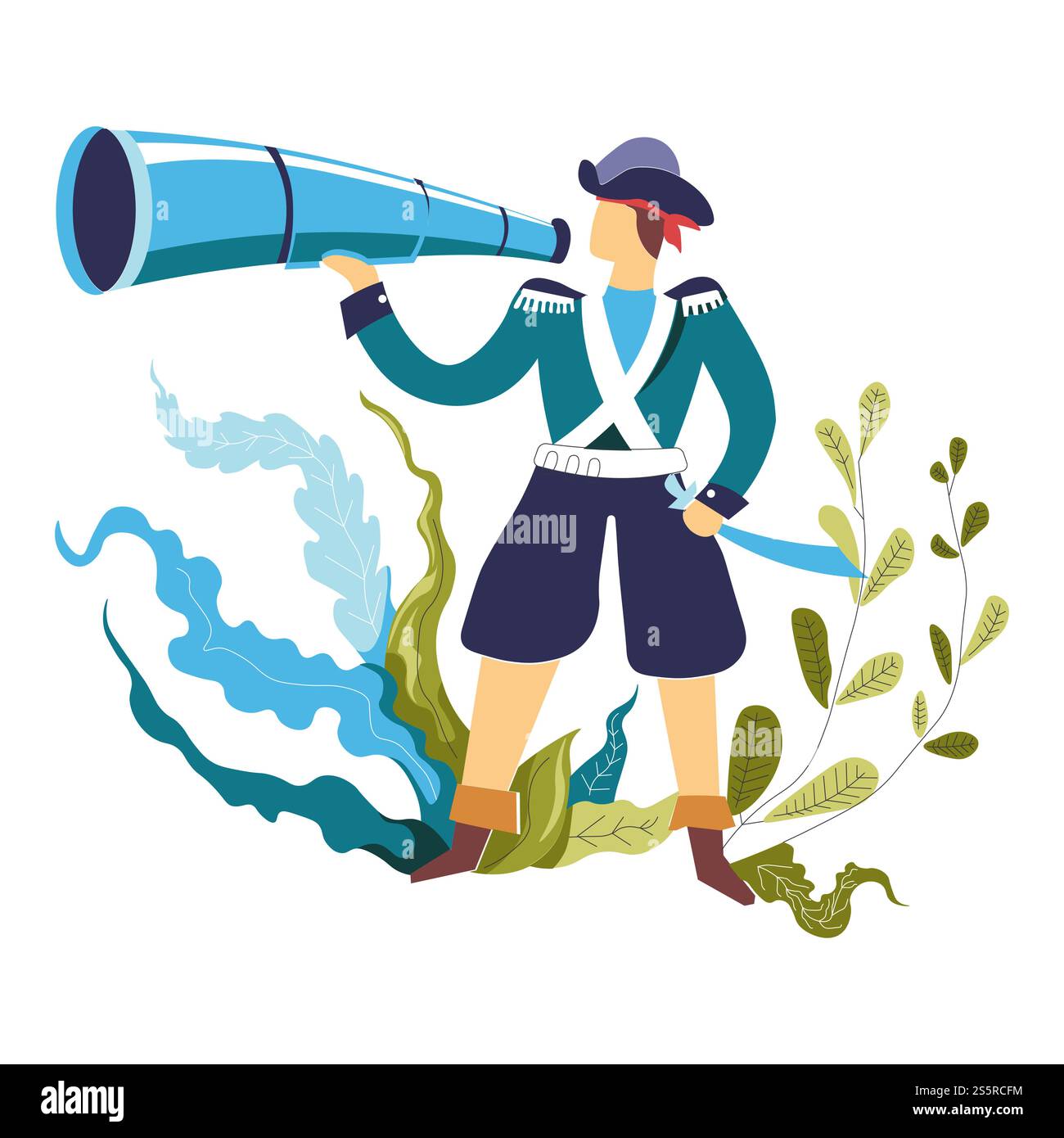 Army commander , navy service, man looking in long telescope vector ...