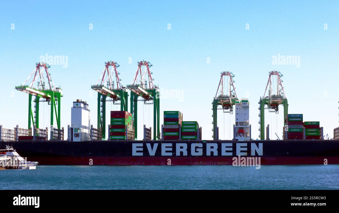 EVERGREEN shipping containers at the Port of Los Angeles in San Pedro ...