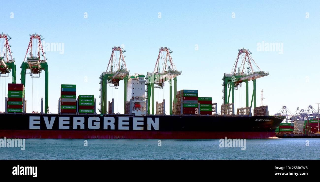 EVERGREEN shipping containers at the Port of Los Angeles in San Pedro ...