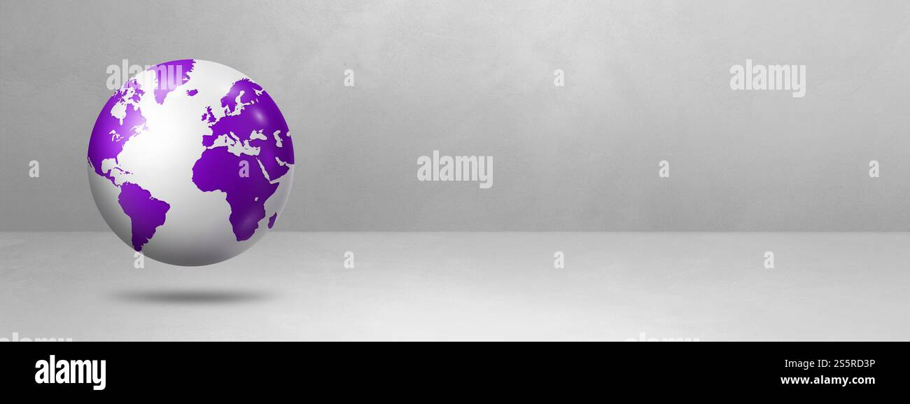 World globe, purple earth map, floating over a white background. 3D ...