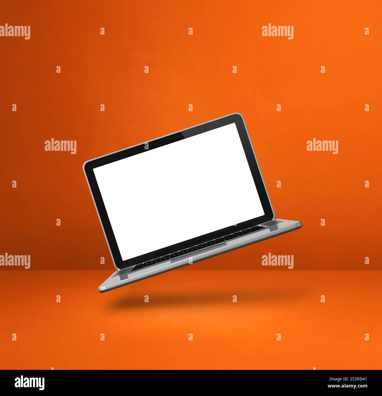 Blank computer laptop floating over an orange background. 3D isolated ...