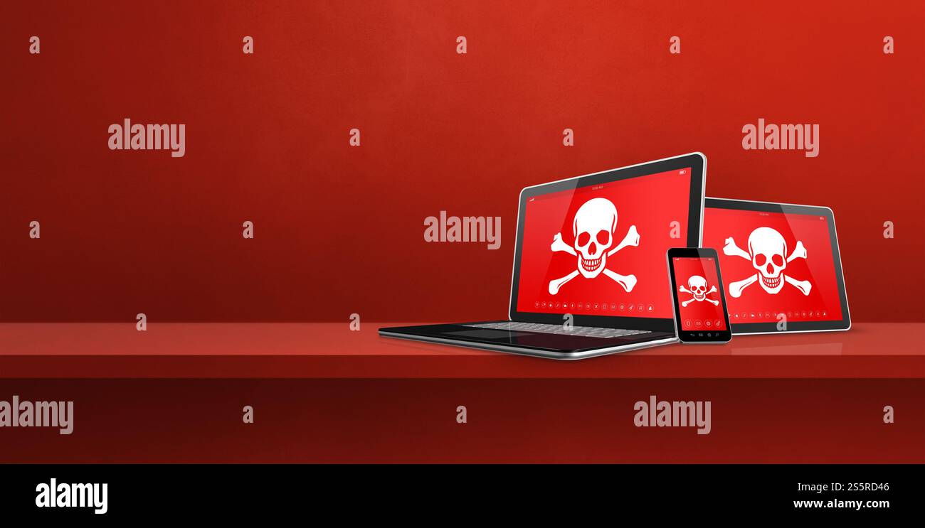 Laptop tablet pc and smartphone on a shelf with pirate symbols on ...