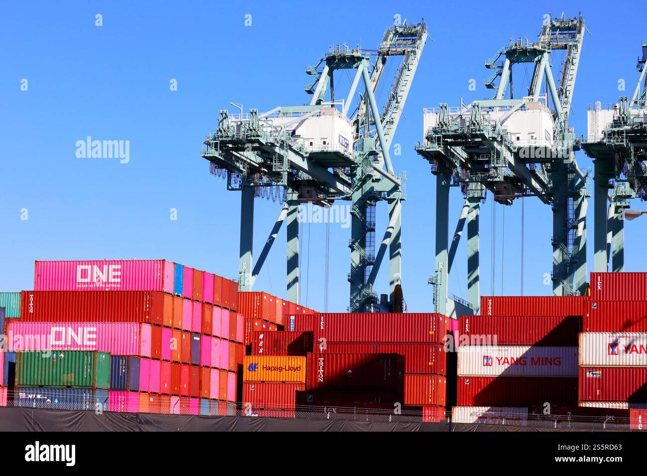 A variety of shipping containers, such as ONE Ocean Network Express ...