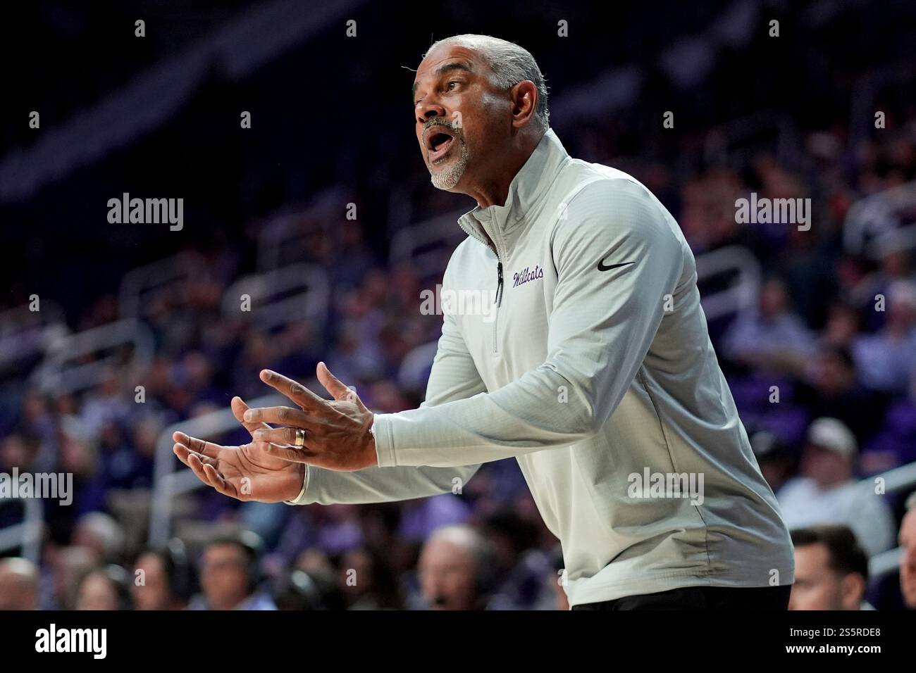 Kansas State head coach Jerome Tang talks to his team during the first ...