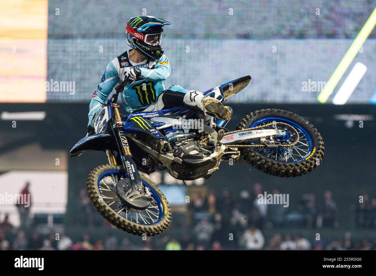 Anaheim, United States. 11th Jan, 2025. Cooper Webb (2) performs a tail ...