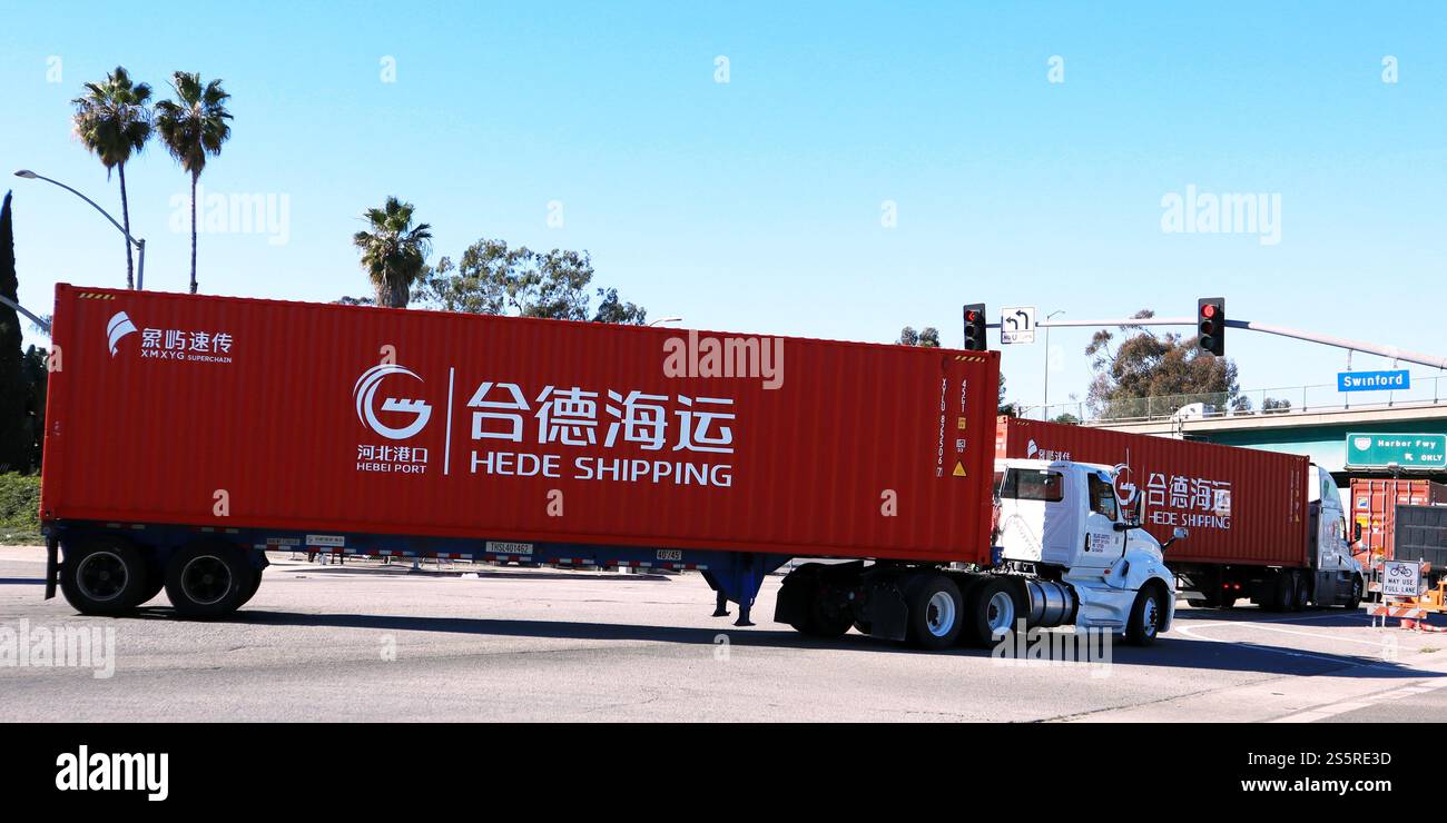 Freight Truck carrying an HEDE SHIPPING shipping container on a street ...