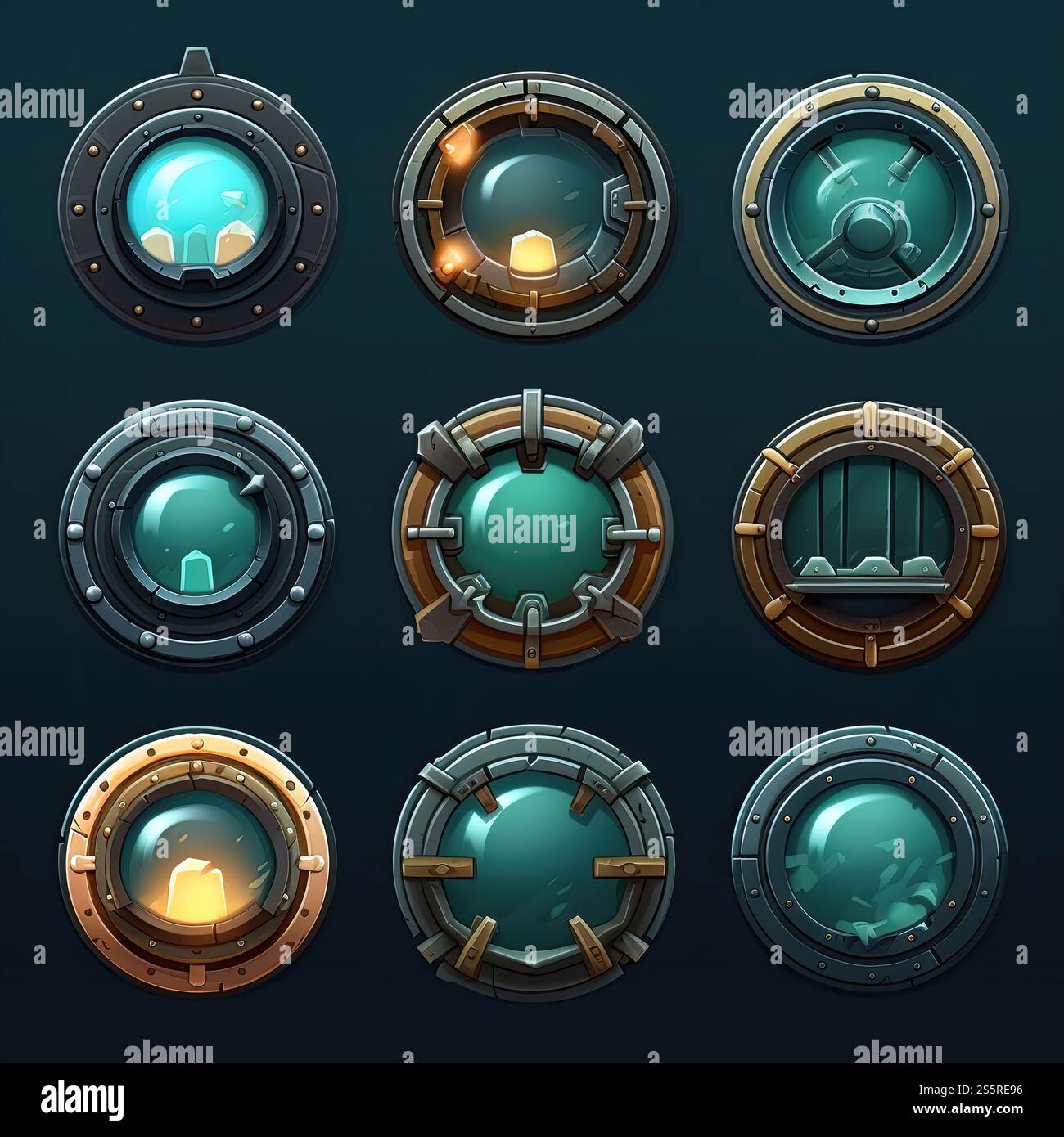 circular porthole window game ai generated. design boat, metallic steel ...