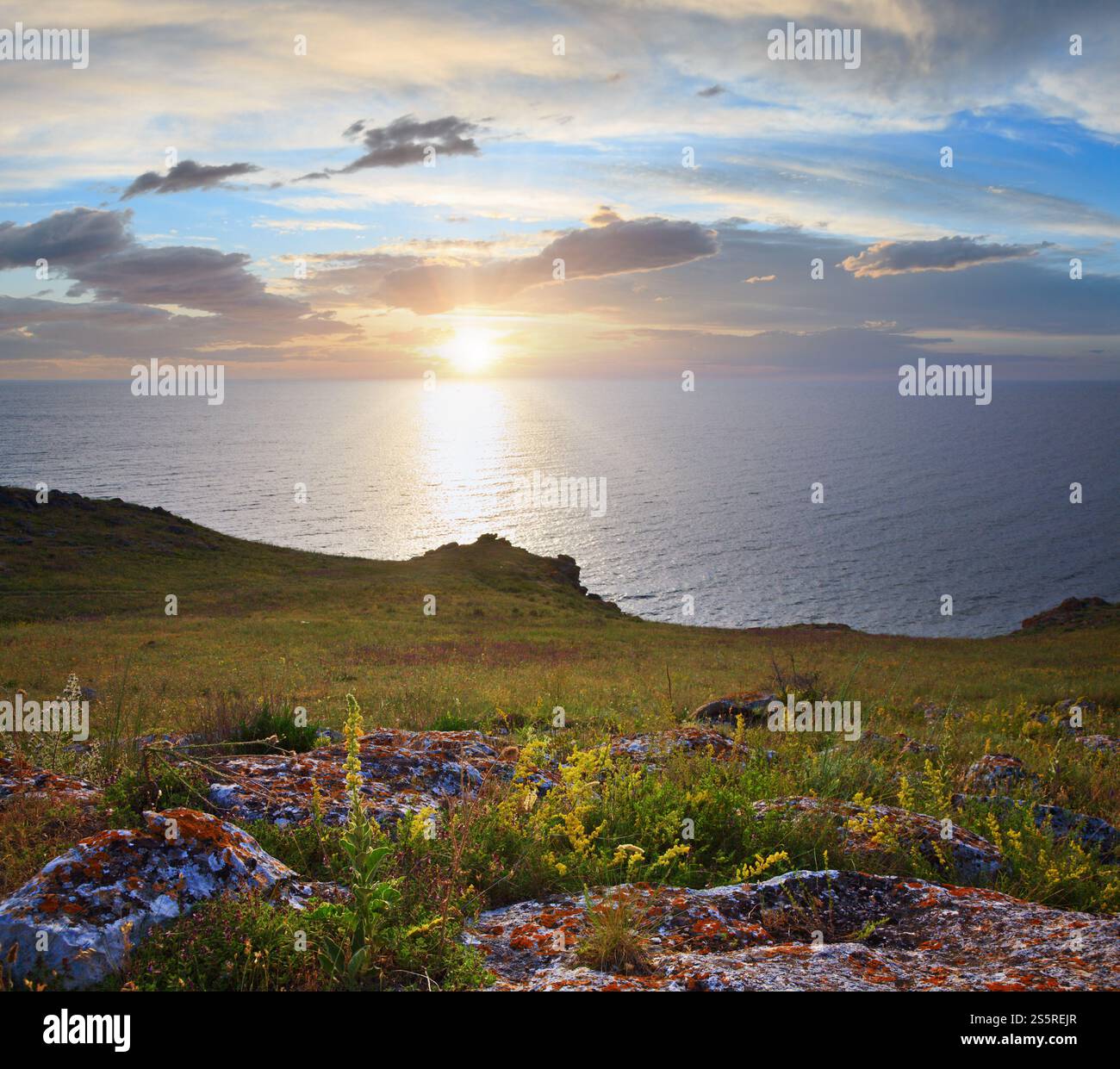 Sunset grassy sea coast view with sunshine reflection path Stock Photo ...