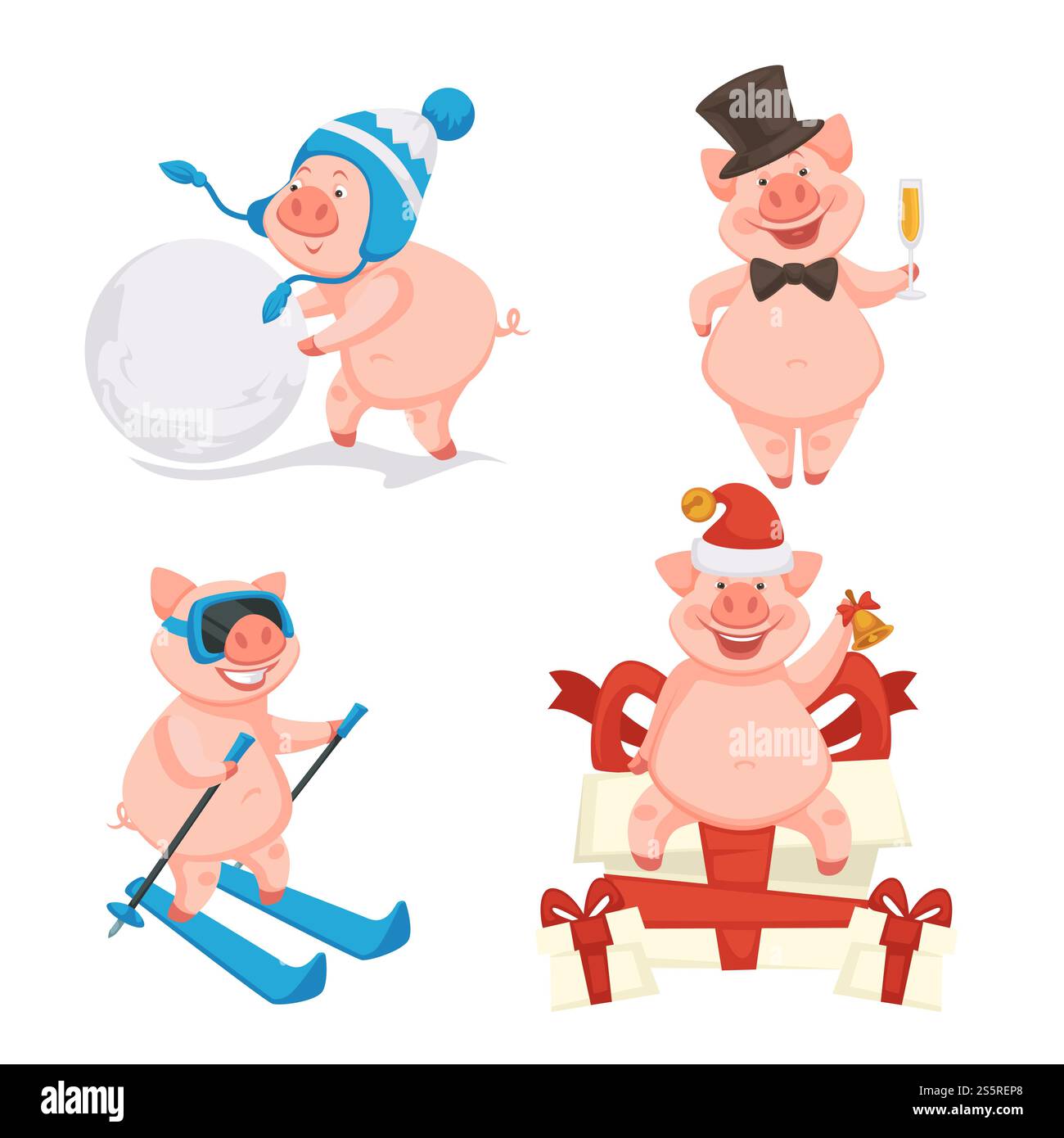 Pig isolated icons New Year hat and snowball bowtie and champagne skis ...