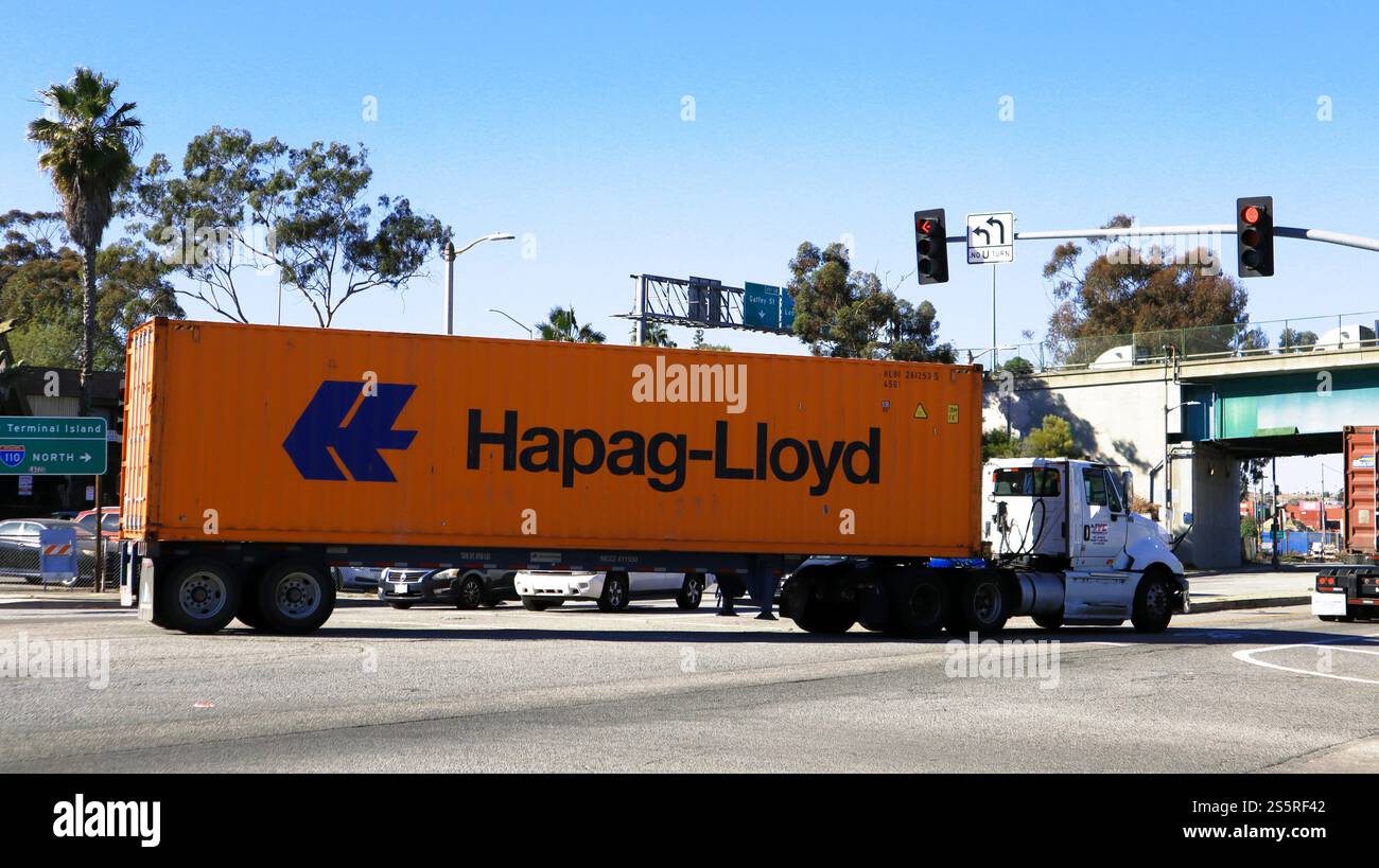 Freight Truck carrying an HAPAG-LLOYD shipping container on a street ...