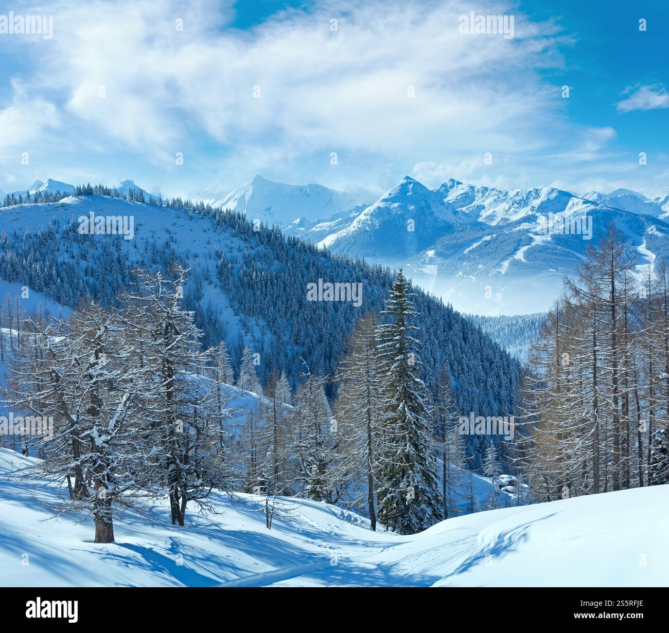 Winter hazy veiw from Dachstein mountain massif (Austria Stock Photo ...