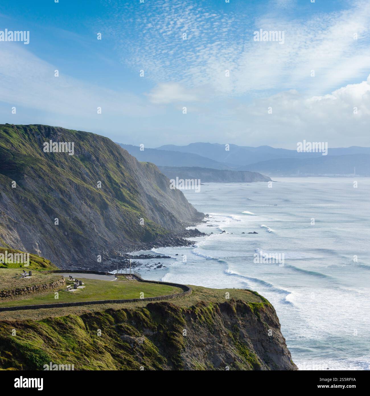 Summer evening ocean coastline view near beach in Barrika town, Biscay ...