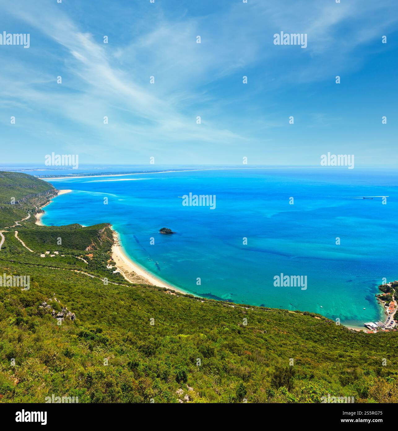 Summer sea coastal landscape with sandy Portinho beach. Top view from ...