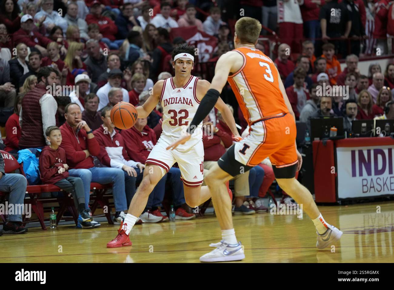 Indiana guard Trey Galloway (32) brings the ball up court in front of ...