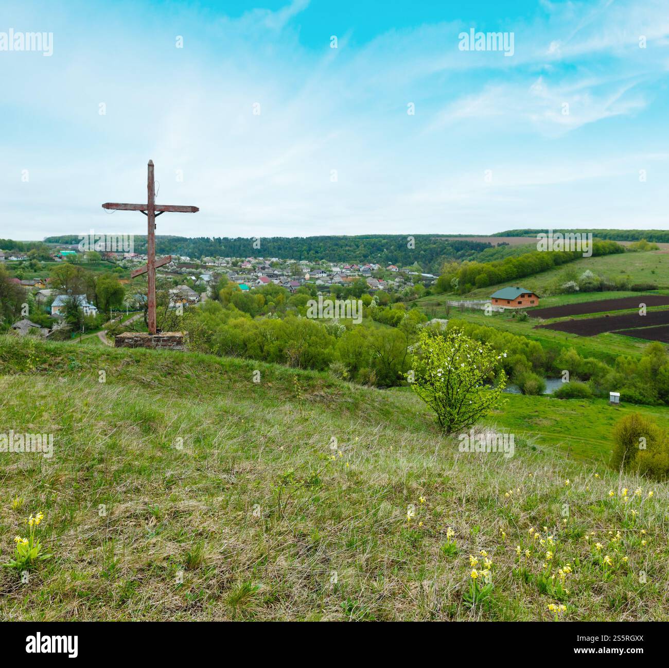 Wooden сhristian religious cross near Rukomysh Cave temple and spring ...