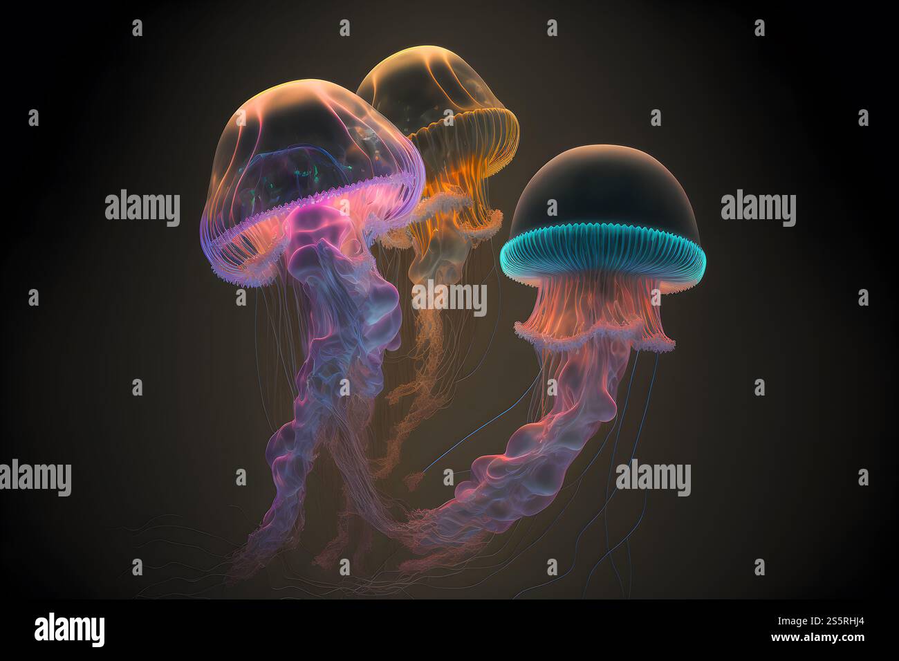 Group of clear glowing neon color light jelly fish in deep dark water. Neural network AI ...