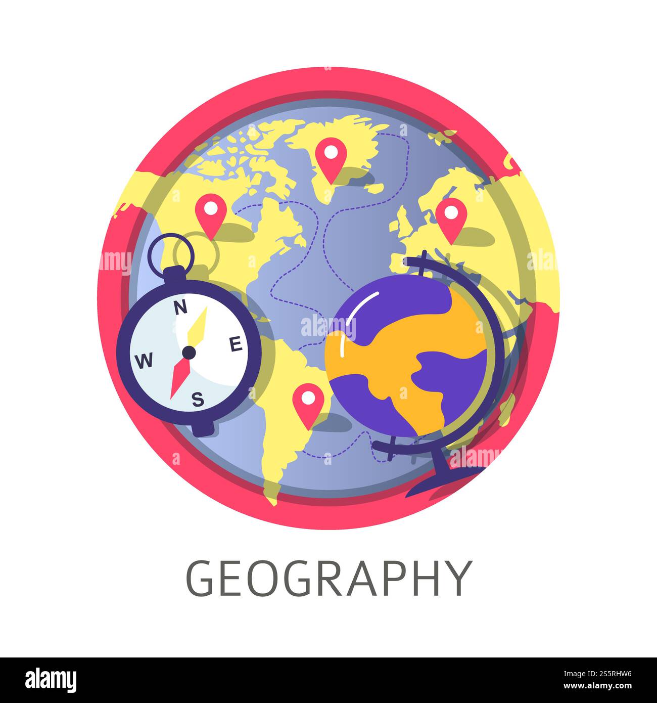 Geography discipline at school university or college classes vector map of world and atlas with ...