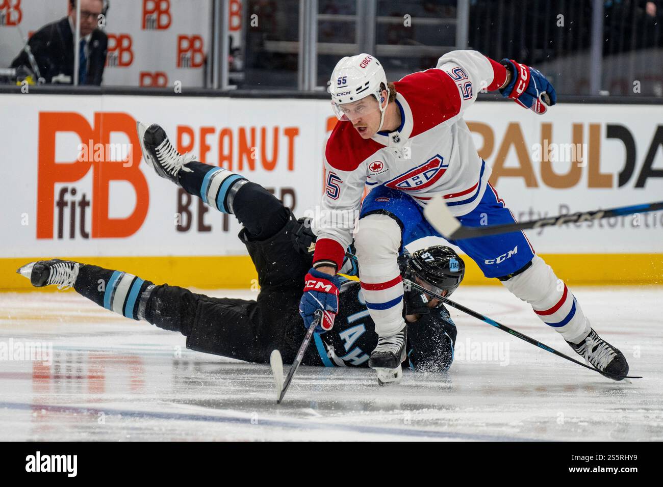 Montreal Canadiens left wing Michael Pezzetta (55) and Utah Hockey Club ...