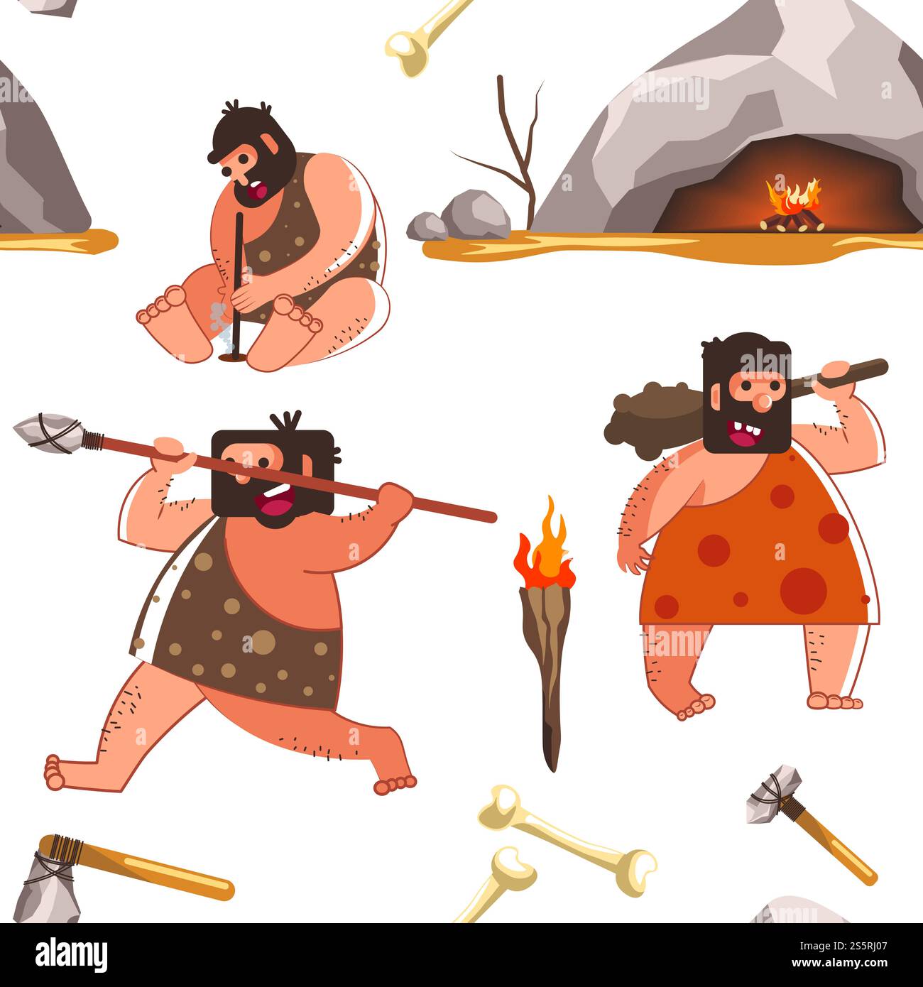 Primaeval people living in caves and wearing animal fur vector ...