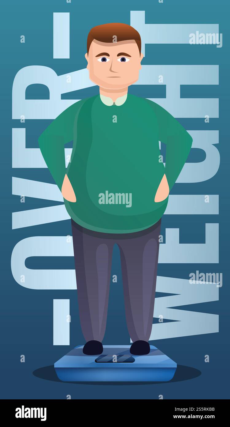 Overweight man on scales concept banner. Cartoon illustration of ...