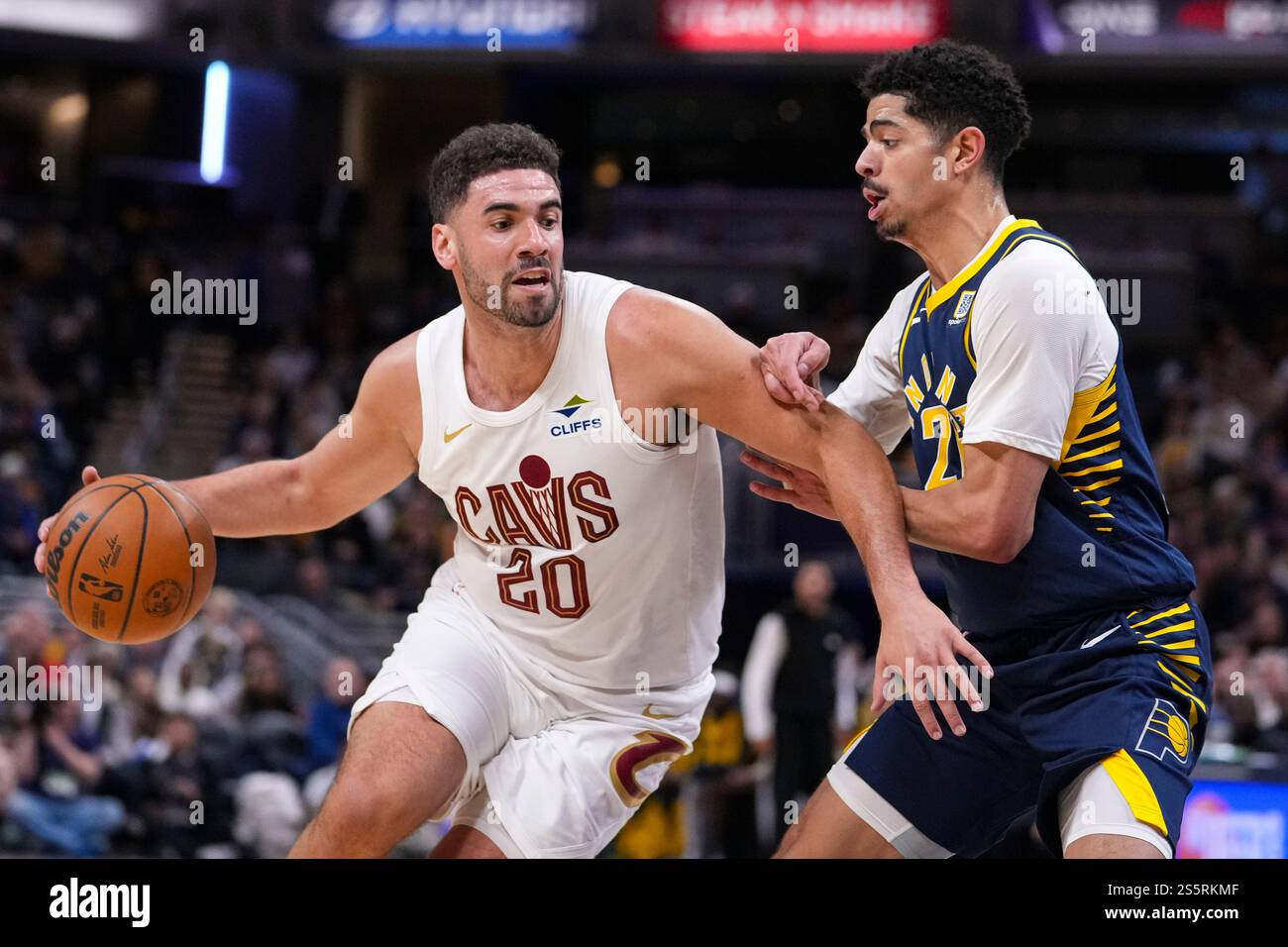 Cleveland Cavaliers forward Georges Niang (20) drives on Indiana Pacers ...