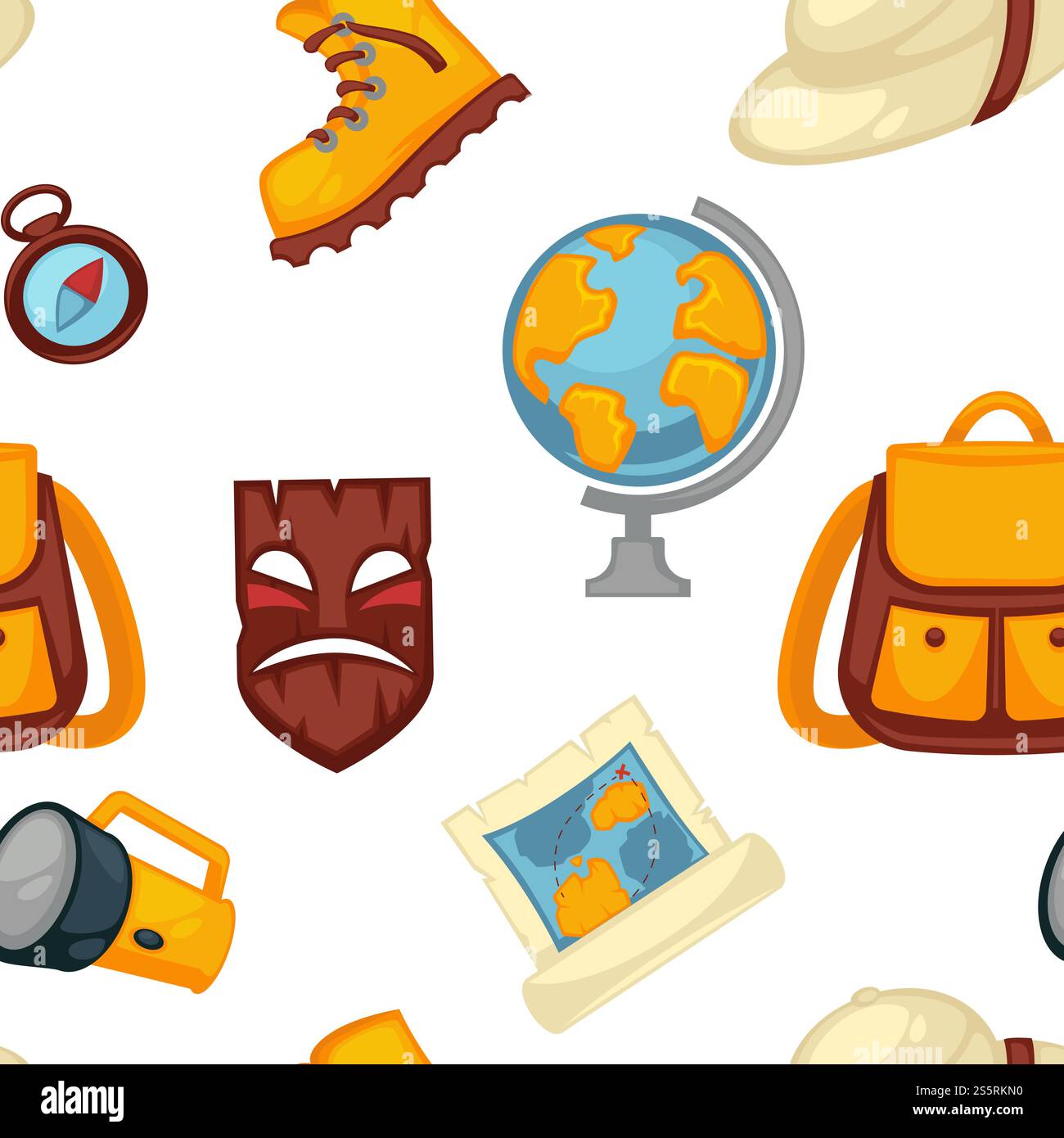 Traveling and adventures symbols set, boots and globe seamless pattern ...
