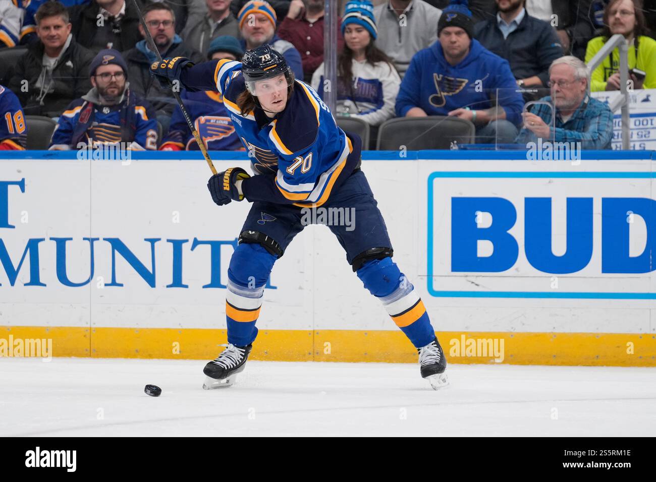 St. Louis Blues' Oskar Sundqvist shoots during the second period of an ...