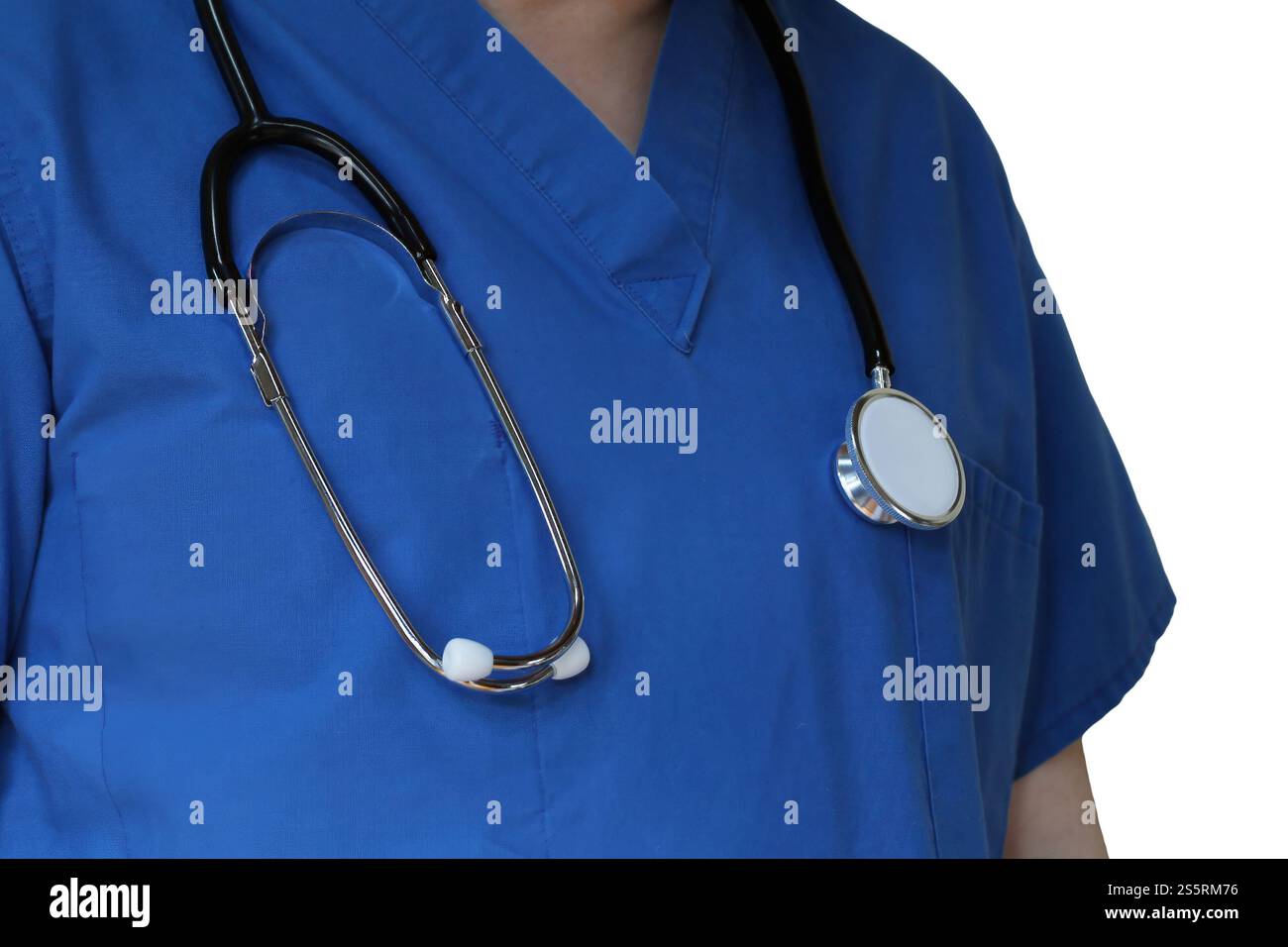 Closeup medical professional in blue scrubs with white background Stock ...