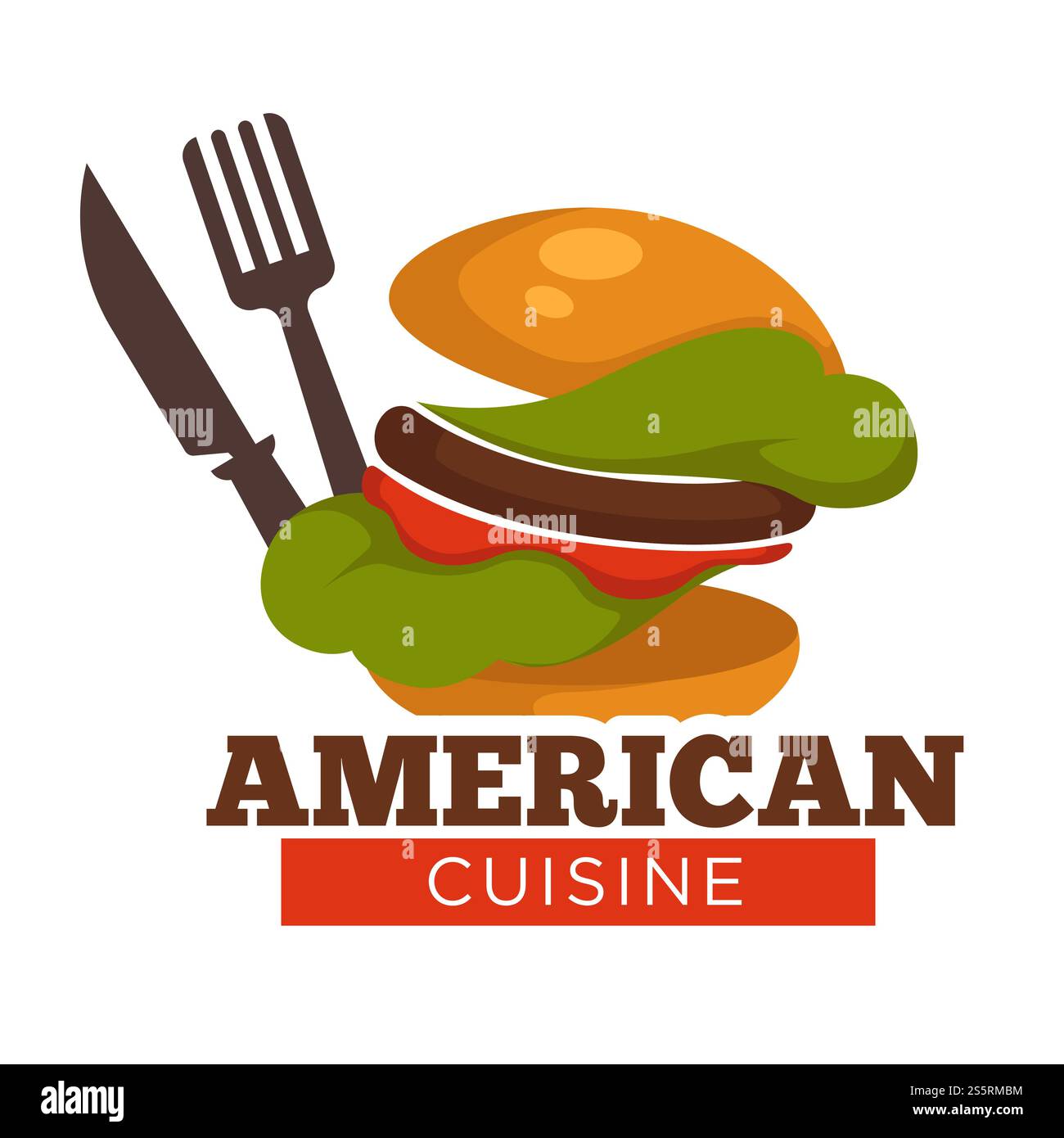 American cuisine titled, burger, knife and fork banner, poster ...