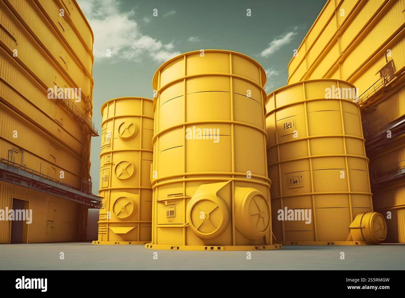 Radioactive waste in barrels, nuclear waste repository. Neural network ...
