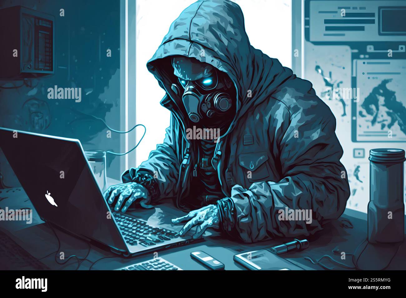 Hacker in a blue hoody standing in front of a code background. Neural network AI generated art ...