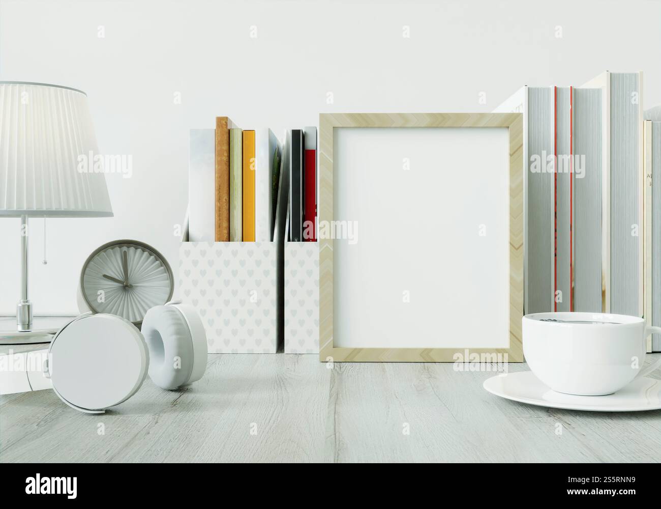 A study room with a book placed on a white table with a picture frame ...