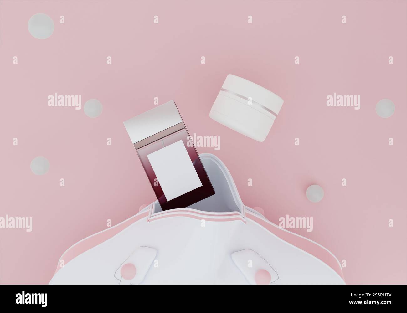 Square perfume bottles and cream jars on pink background Stock Photo ...