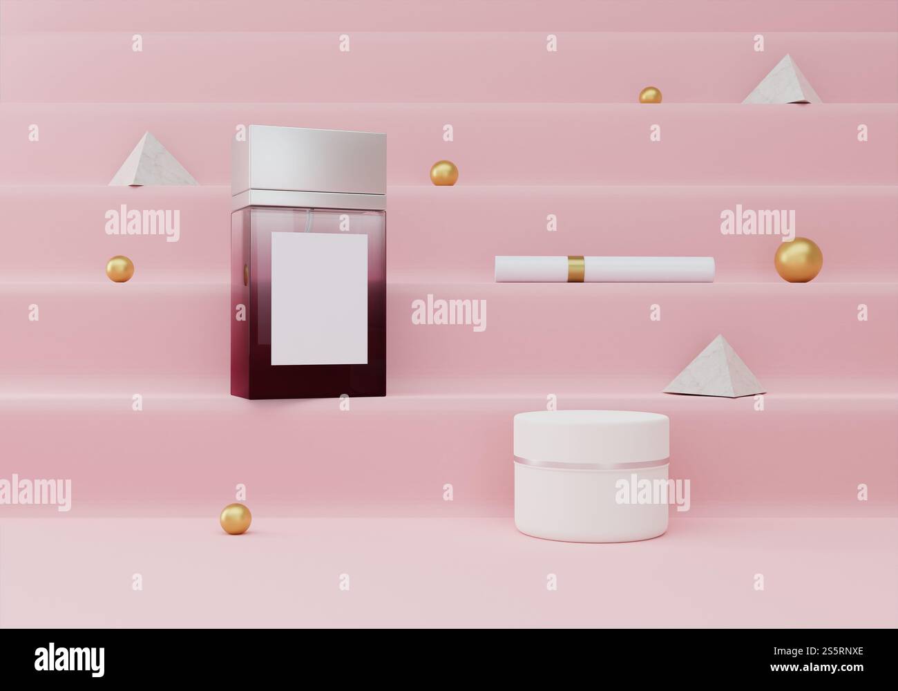 Square perfume bottles and cream jars on pink background Stock Photo ...