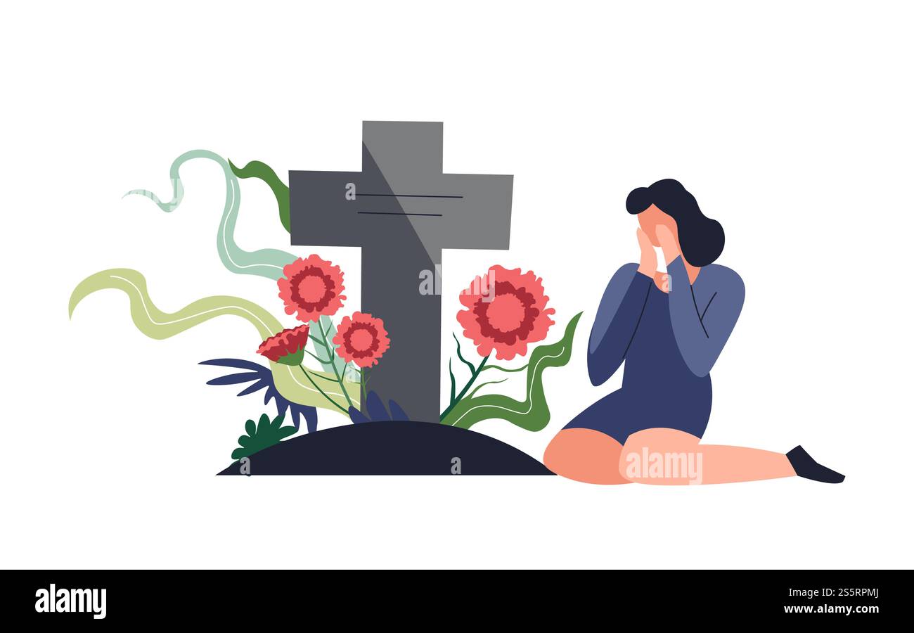 Funeral burial ceremony person sitting by tombstone and crying vector ...