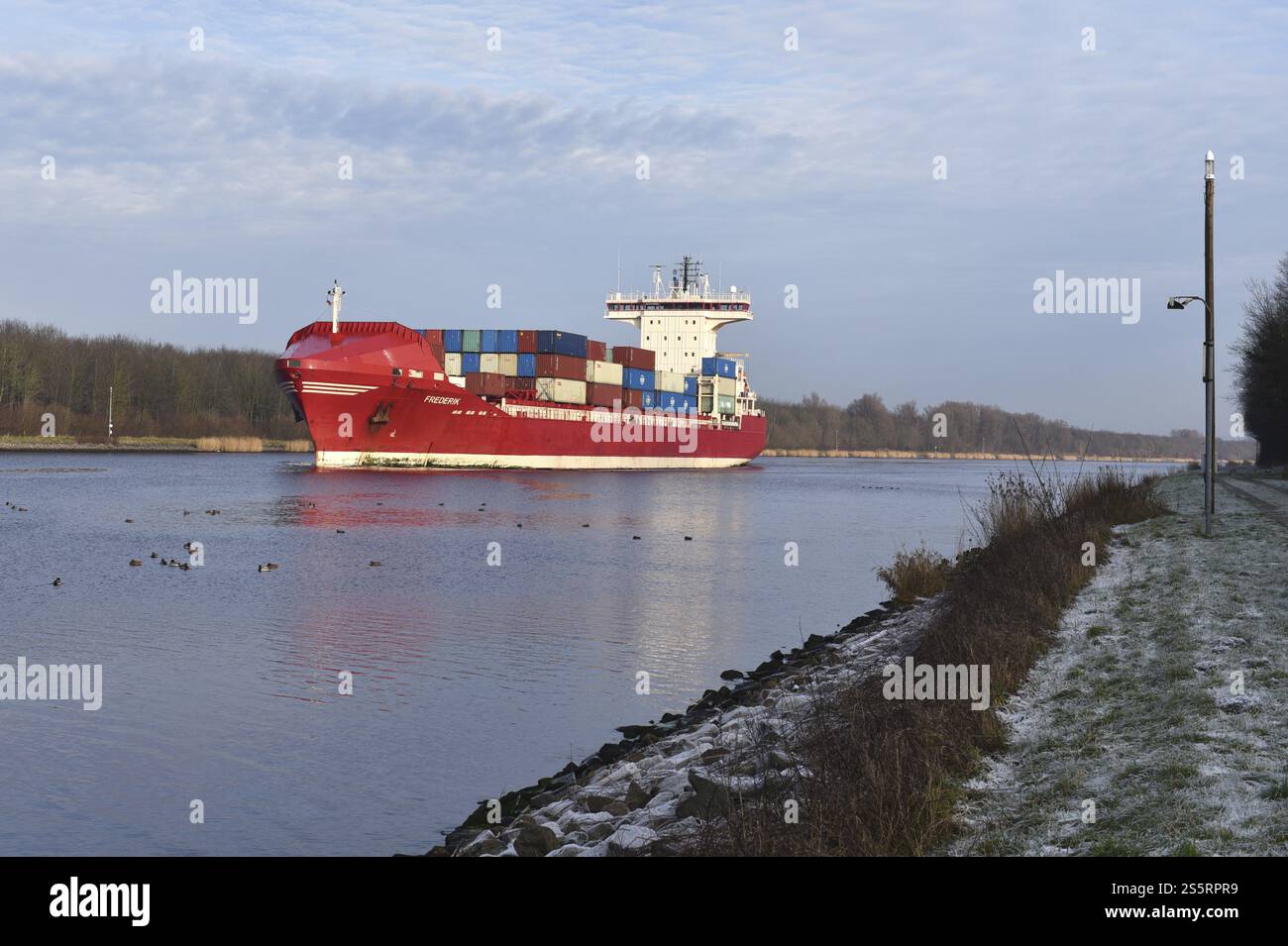Container ship Frederik sailing in the Kiel Canal, NOK, Kiel Canal ...