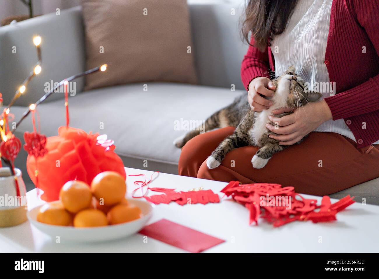 Asian Woman decorated house with Cat for Chinese New Year Celebrations ...