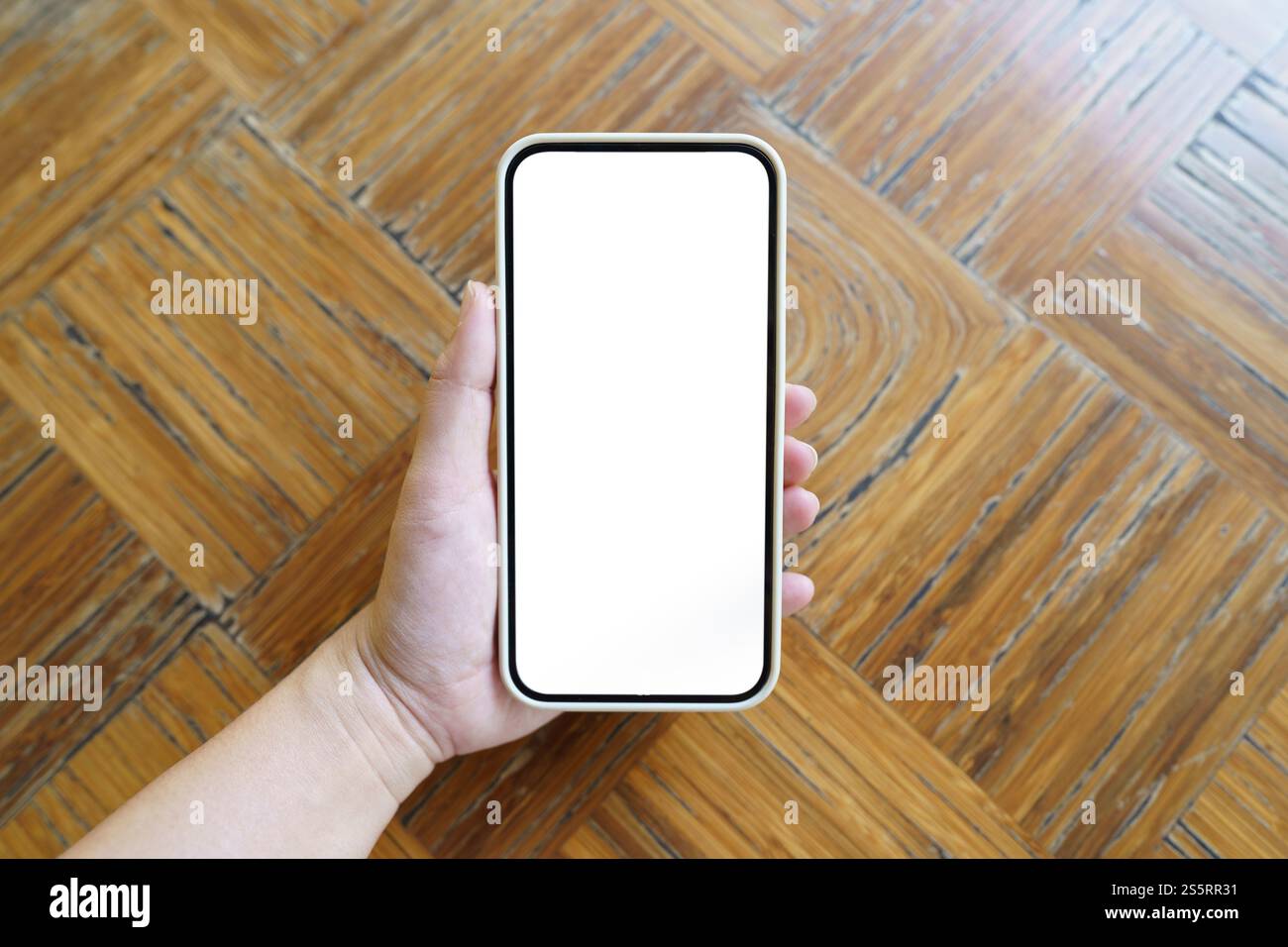 Close up of womens hands holding cell telephone blank copy space screen ...