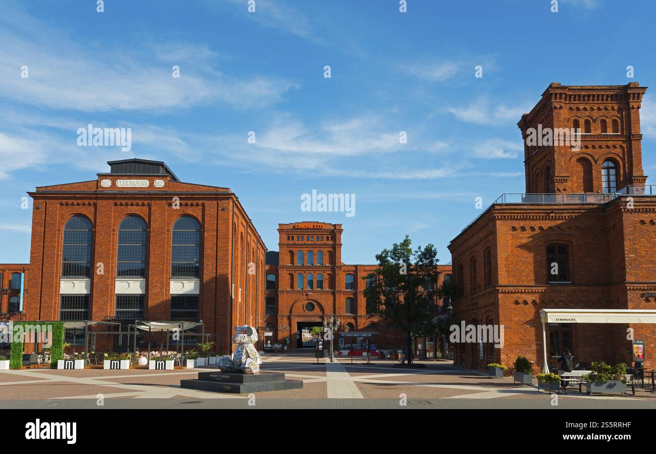 Industrial architecture with brick buildings and blue sky, symmetrical ...